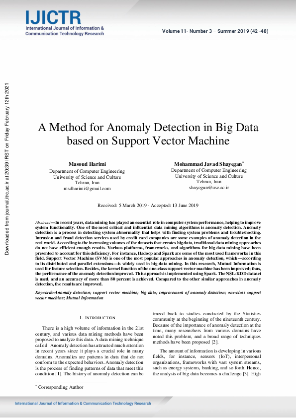 Pdf A Method For Anomaly Detection In Big Data Based On Support Vector Machine
