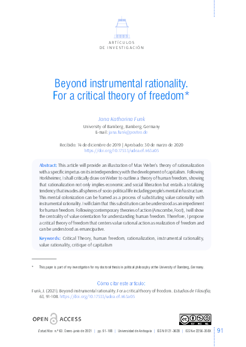 (PDF) Beyond instrumental rationality. For a critical theory of freedom