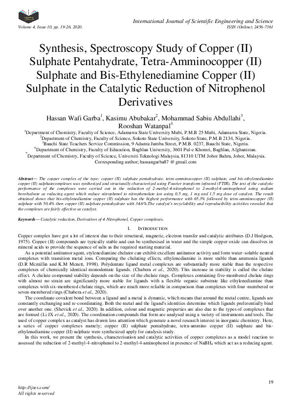 (PDF) Synthesis, Spectroscopy Study of Copper (II) Sulphate Pentahydrate, Tetra-Amminocopper (II ...