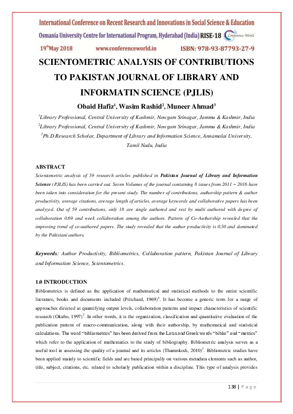 (PDF) Scientometric Analysis of Contributions to Pakistan Journal of ...