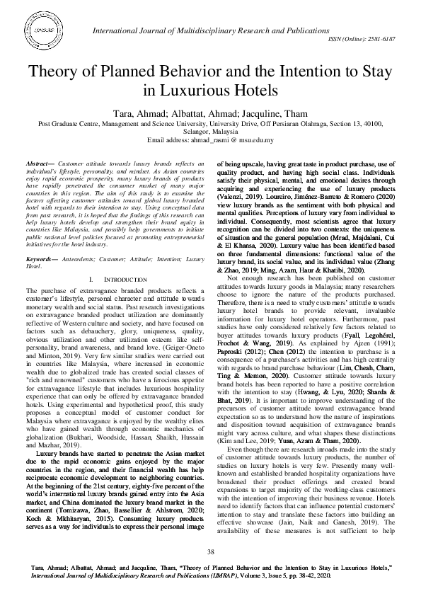(PDF) Theory of Planned Behavior and the Intention to Stay in Luxurious ...