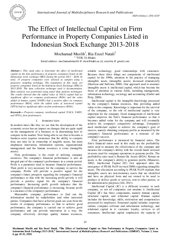 (PDF) The Effect of Intellectual Capital on Firm Performance in Property Companies Listed in ...