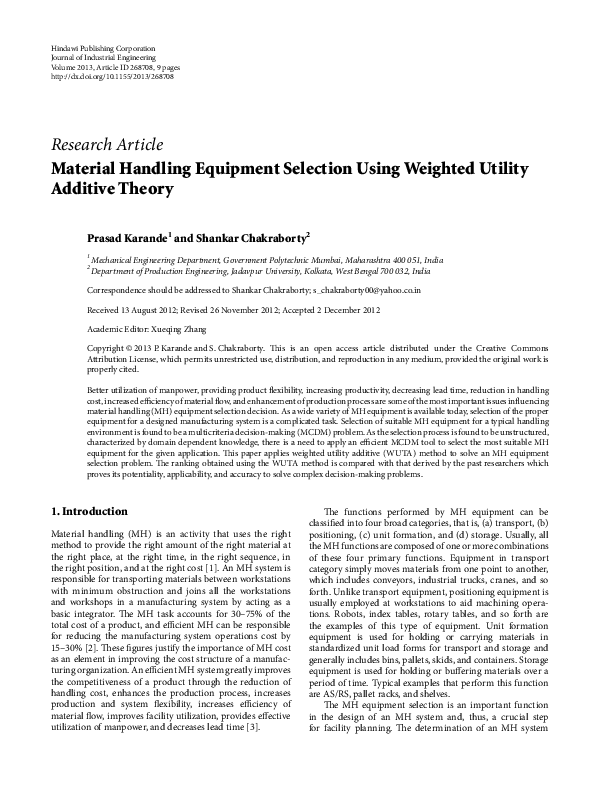 Pdf Material Handling Equipment Selection Using Weighted Utility 6663