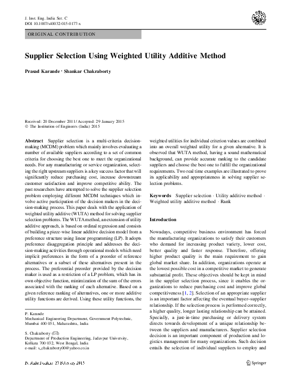 (PDF) Supplier Selection Using Weighted Utility Additive Method