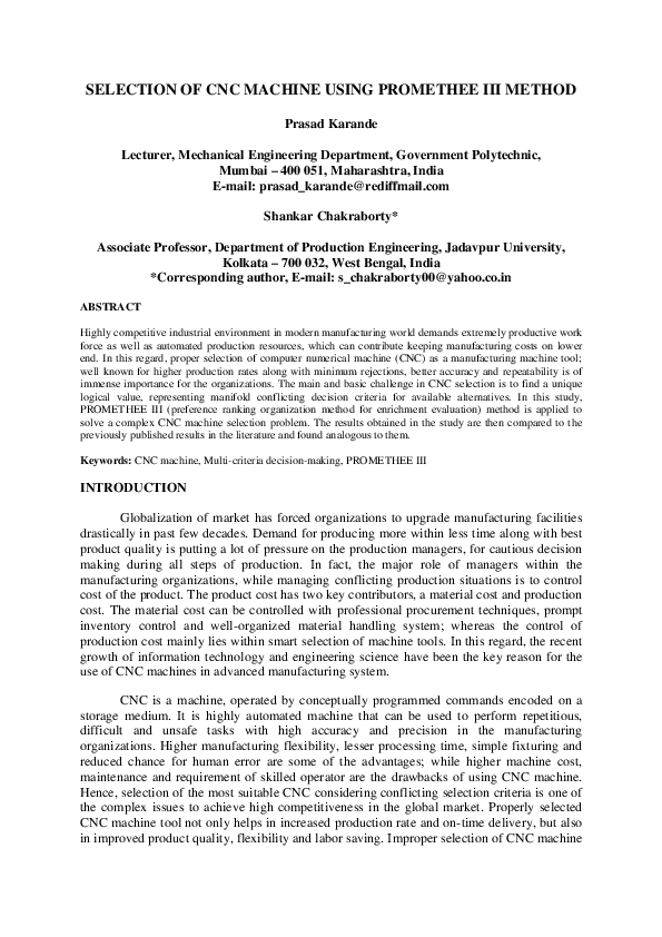 (PDF) SELECTION OF CNC MACHINE USING PROMETHEE III METHOD