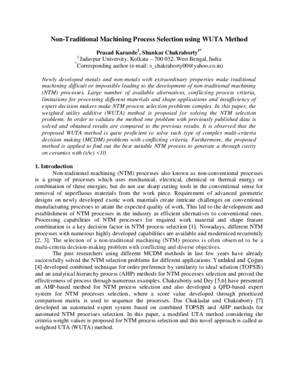 (PDF) Non-Traditional Machining Process Selection using WUTA Method