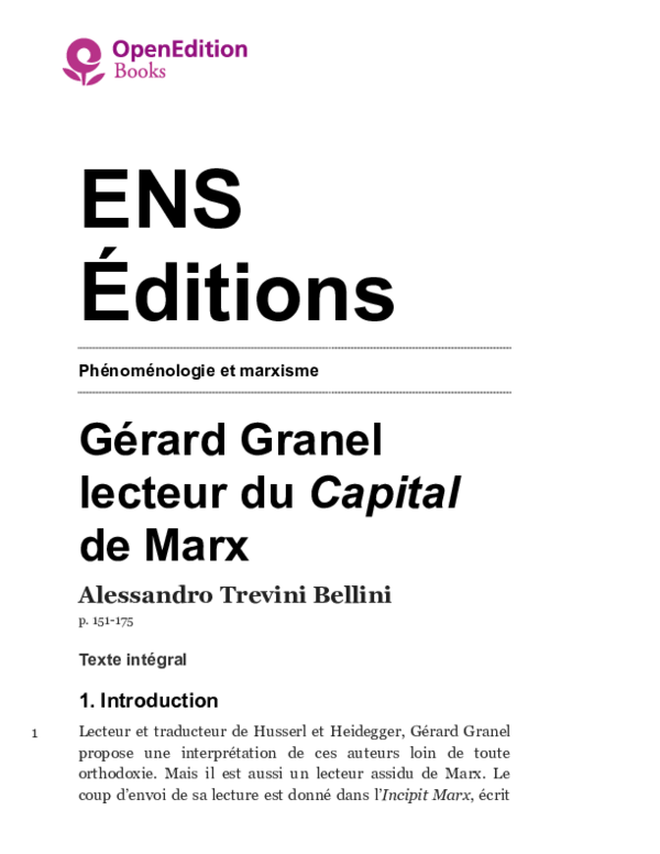 (PDF) Phénoménologie et marxisme Gérard Granel lecteur du Capital de Marx