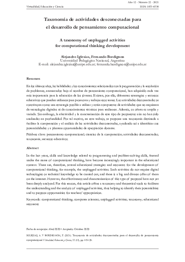 (PDF) Taxonomía de actividades desconectadas para el desarrollo de pensamiento computacional. A ...