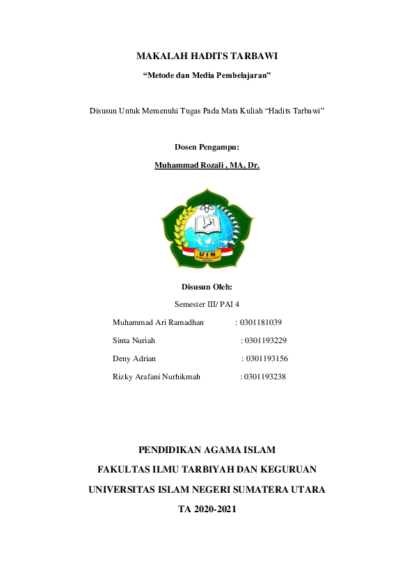 (PDF) MAKALAH HADITS TARBAWI "Metode dan Media Pembelajaran"