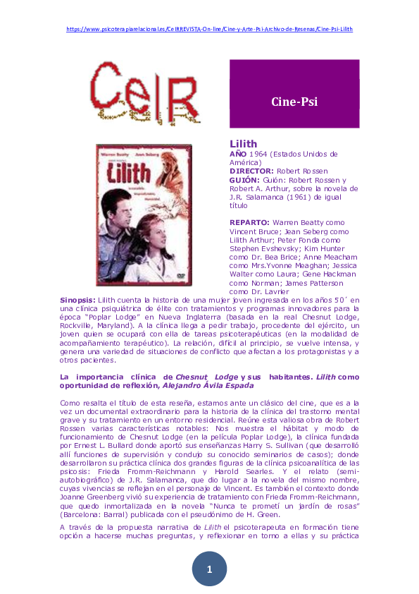(PDF) A. Ávila & I. Blasco (2015) Reseña comentario de la película "Lilith"