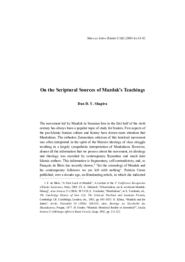 (PDF) Dan Shapira, “On the Scriptural Sources of Mazdak’s Teachings ...