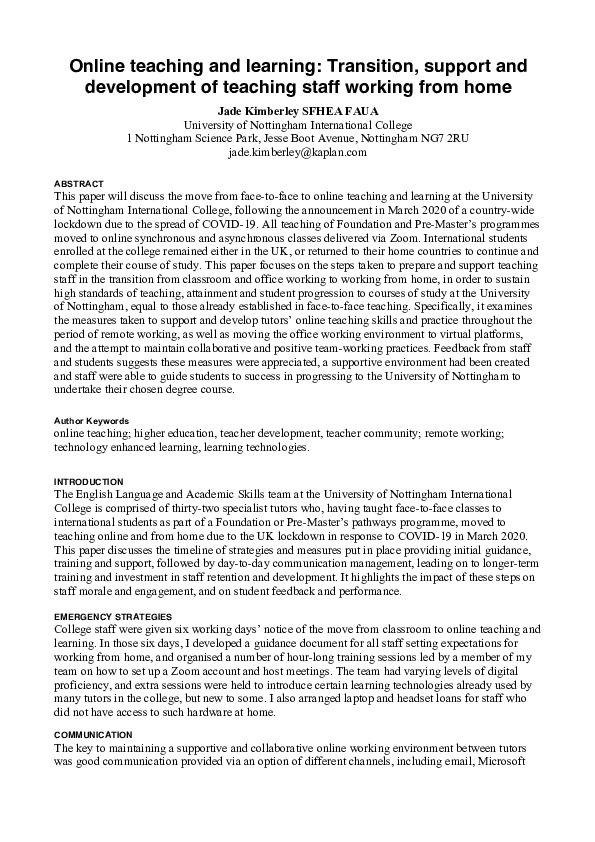 (PDF) Online teaching and learning: Transition, support and development ...