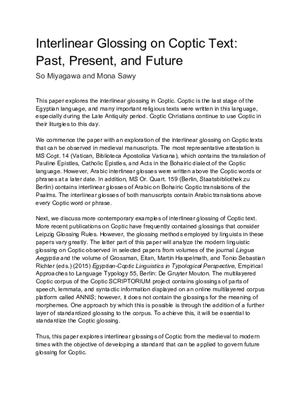(DOC) Interlinear Glossing on Coptic Text: Past, Present, and Future