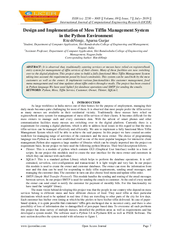 (PDF) Design and Implementation of Mess Tiffin Management System in the ...
