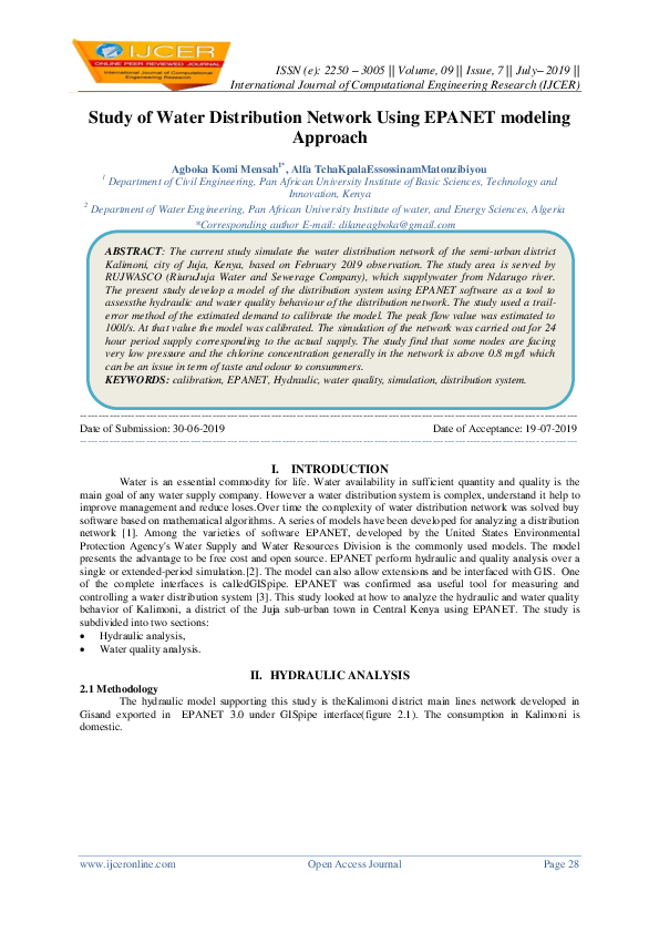 (PDF) Study of Water Distribution Network Using EPANET modeling Approach