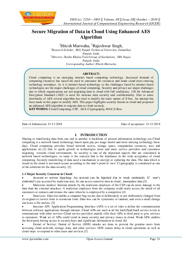 (PDF) Secure Migration of Data in Cloud Using Enhanced AES Algorithm (PDF) Secure Migration of Data in Cloud Using Enhanced AES Algorithm