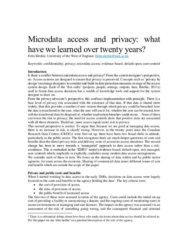 (PDF) Microdata access and privacy: what have we learned over twenty years?