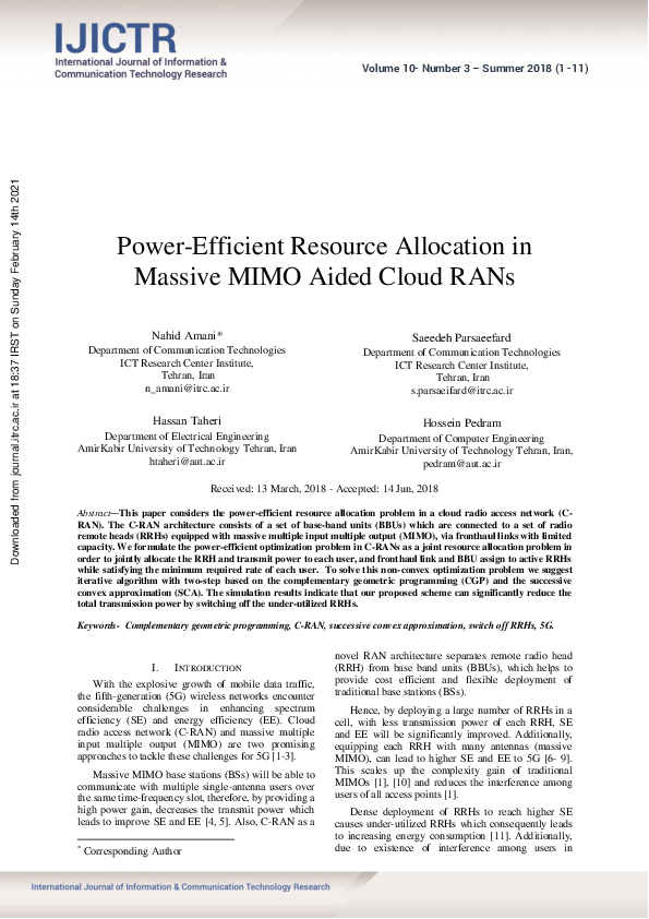 (PDF) Power-Efficient Resource Allocation in Massive MIMO Aided Cloud RANs