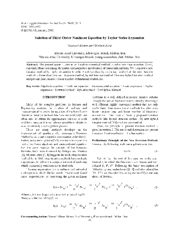 (PDF) Solution of Third Order Nonlinear Equation by Taylor Series Expansion