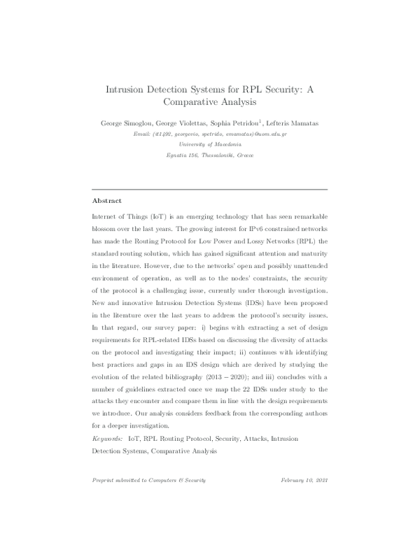 (PDF) Intrusion Detection Systems for RPL Security: A Comparative Analysis