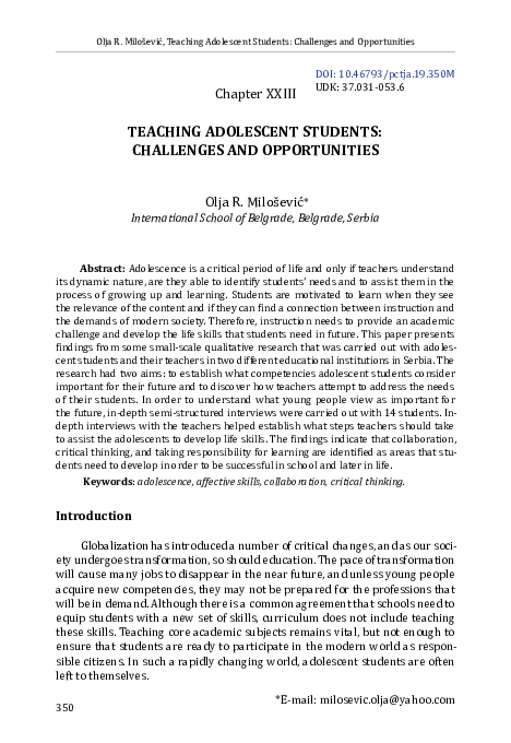 (PDF) TEACHING ADOLESCENT STUDENTS: CHALLENGES AND OPPORTUNITIES