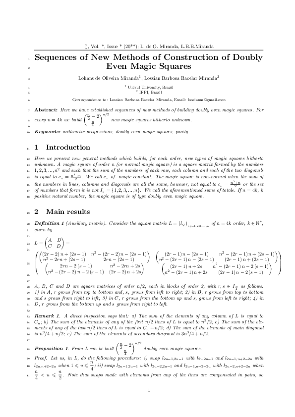 (PDF) Sequences of New Methods of Construction of Doubly Even Magic Squares 2 Lohans de