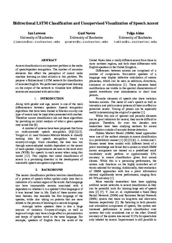 (PDF) Bidirectional LSTM Classification and Unsupervised Visualization of Speech Accent
