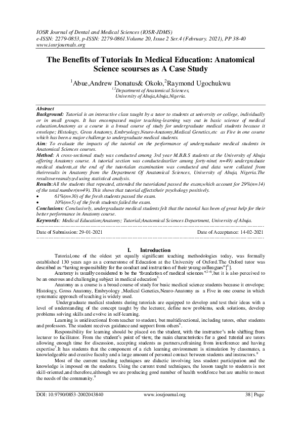 (PDF) The Benefits of Tutorials In Medical Education: Anatomical ...