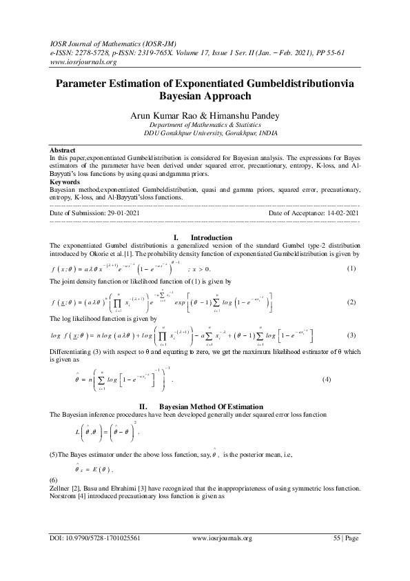Pdf Parameter Estimation Of Exponentiated Gumbeldistributionvia