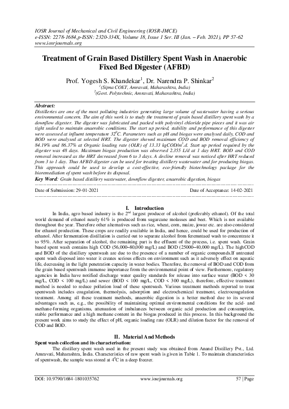 (PDF) Treatment of Grain Based Distillery Spent Wash in Anaerobic Fixed ...