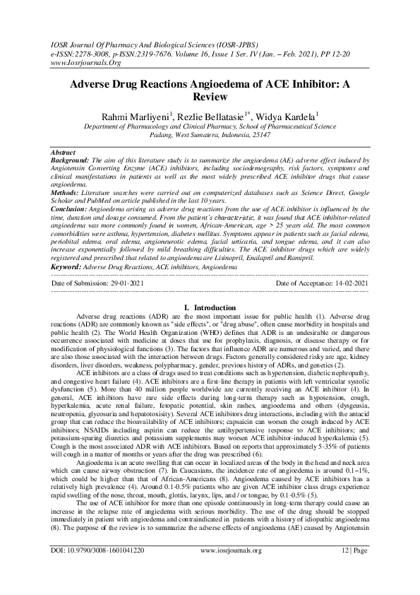 (PDF) Adverse Drug Reactions Angioedema of ACE Inhibitor: A Review