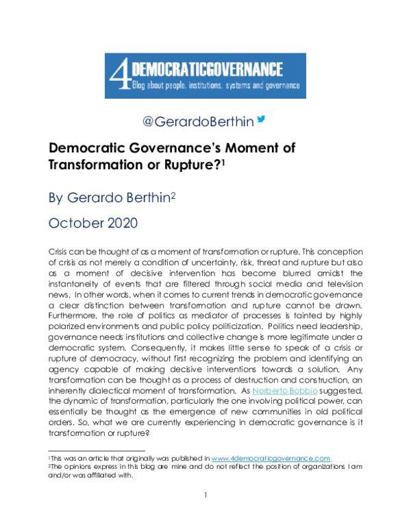(PDF) Democratic Governance's Moment of Transformation or Rupture?