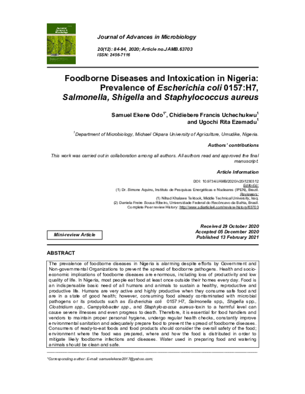 (PDF) Foodborne Diseases and Intoxication in Nigeria: Prevalence of ...