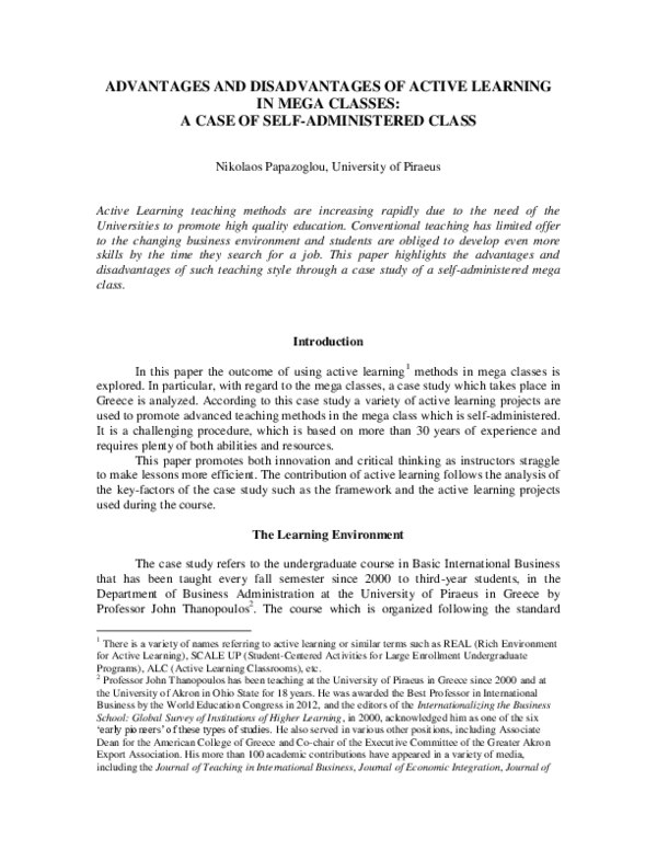 (PDF) ADVANTAGES AND DISADVANTAGES OF ACTIVE LEARNING IN MEGA CLASSES ...