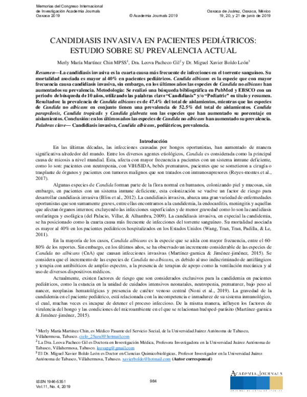 (PDF) CANDIDIASIS INVASIVA EN PACIENTES PEDIÁTRICOS: ESTUDIO SOBRE SU ...