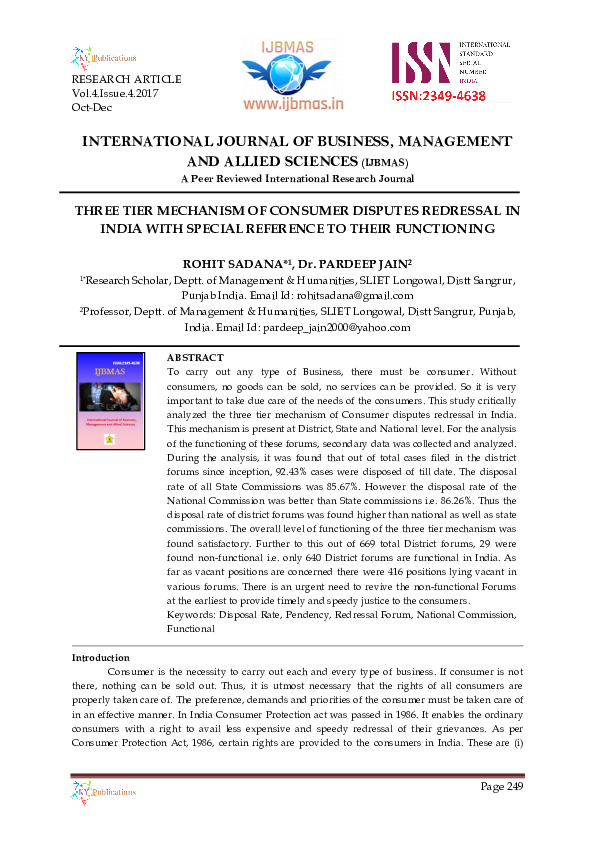 (PDF) THREE TIER MECHANISM OF CONSUMER DISPUTES REDRESSAL IN INDIA WITH ...