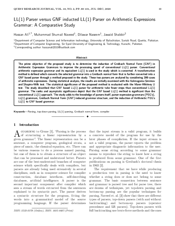 Pdf Ll1 Parser Versus Gnf Inducted Ll1 Parser On Arithmetic Expressions Grammar A