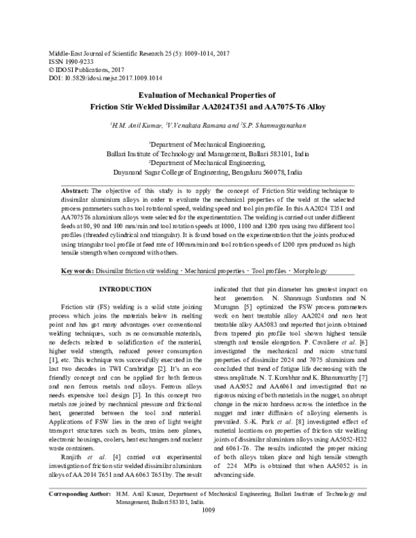 (PDF) Evaluation of Mechanical Properties of Friction Stir Welded Dissimilar AA2024T351 and ...