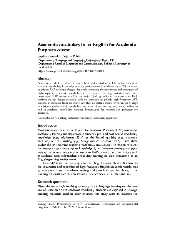 (PDF) Academic vocabulary in an English for Academic Purposes course