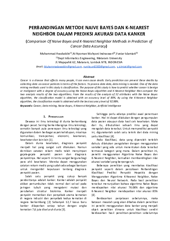 (PDF) PERBANDINGAN METODE NAIVE BAYES DAN K-NEAREST NEIGHBOR DALAM PREDIKSI AKURASI DATA KANKER ...