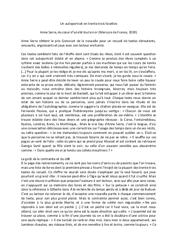 (DOC) Anne Serre, Au cœur d'un été tout en or