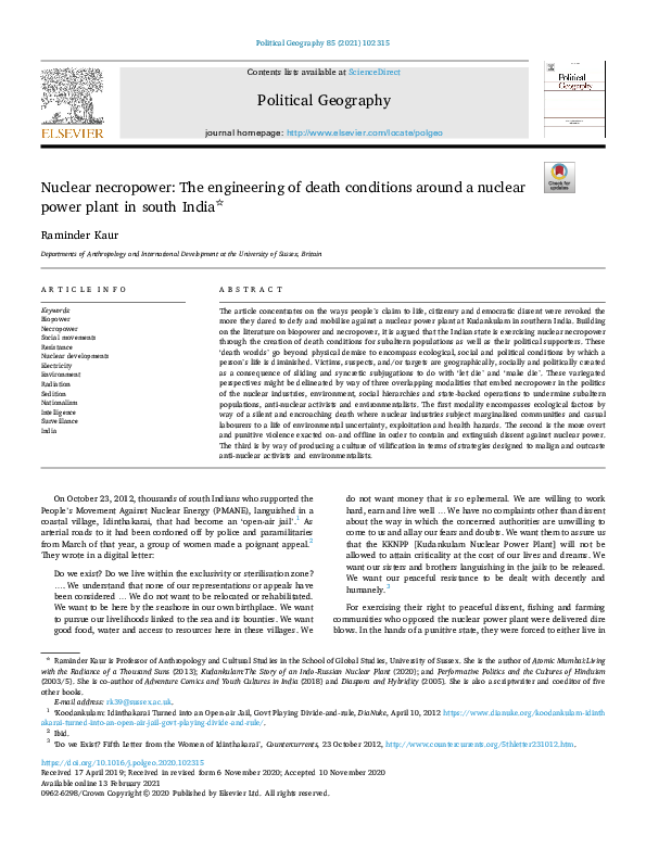 (PDF) Nuclear necropower: The engineering of death conditions around a ...