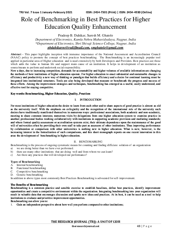 (PDF) Role of Benchmarking in Best Practices for Higher Education ...