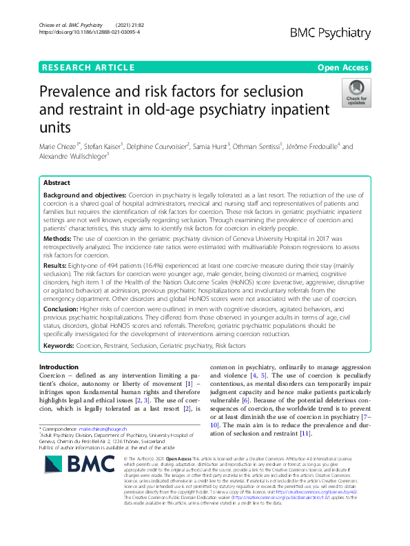 (PDF) Prevalence and risk factors for seclusion and restraint in old ...