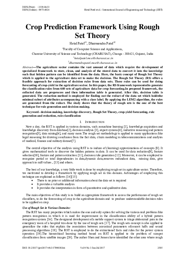 Pdf Crop Prediction Framework Using Rough Set Theory
