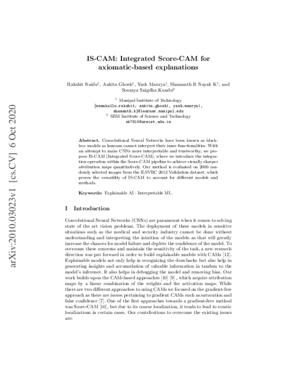(PDF) IS-CAM: Integrated Score-CAM for axiomatic-based explanations