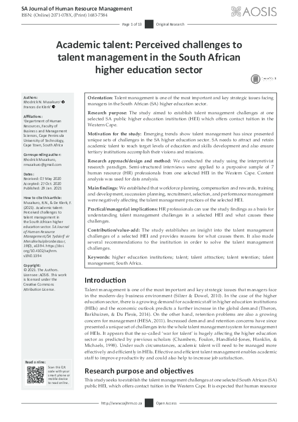 (PDF) Academic talent: Perceived challenges to talent management in the ...