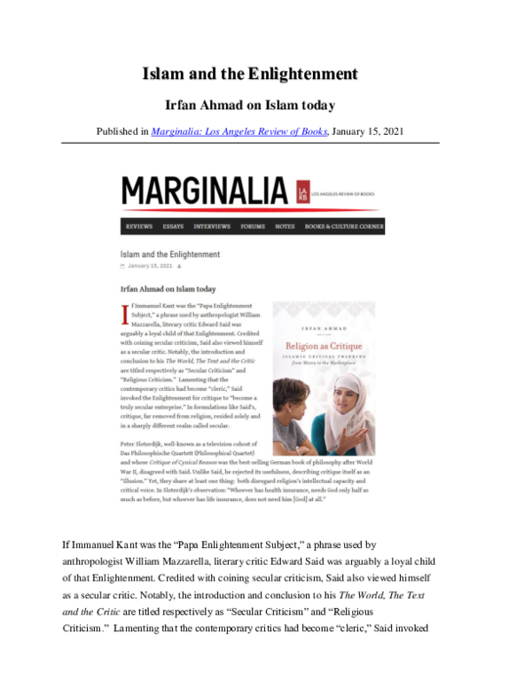 (PDF) Ahmad, Irfan. 2021. "Islam and the Enlightenment: Irfan Ahmad on Islam Today." Marginalia ...