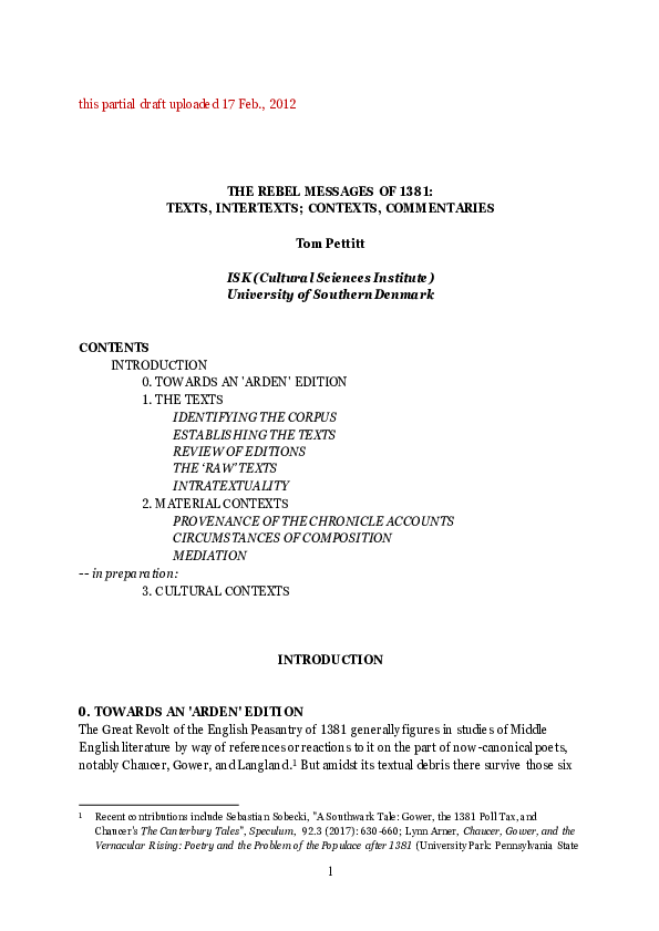 (PDF) The Rebel Messages of 1381: Texts, Intertexts; Contexts, Commentaries