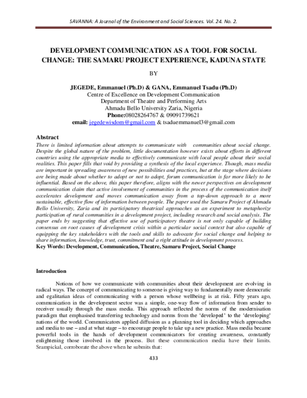 (PDF) DEVELOPMENT COMMUNICATION AS A TOOL FOR SOCIAL CHANGE: THE SAMARU ...